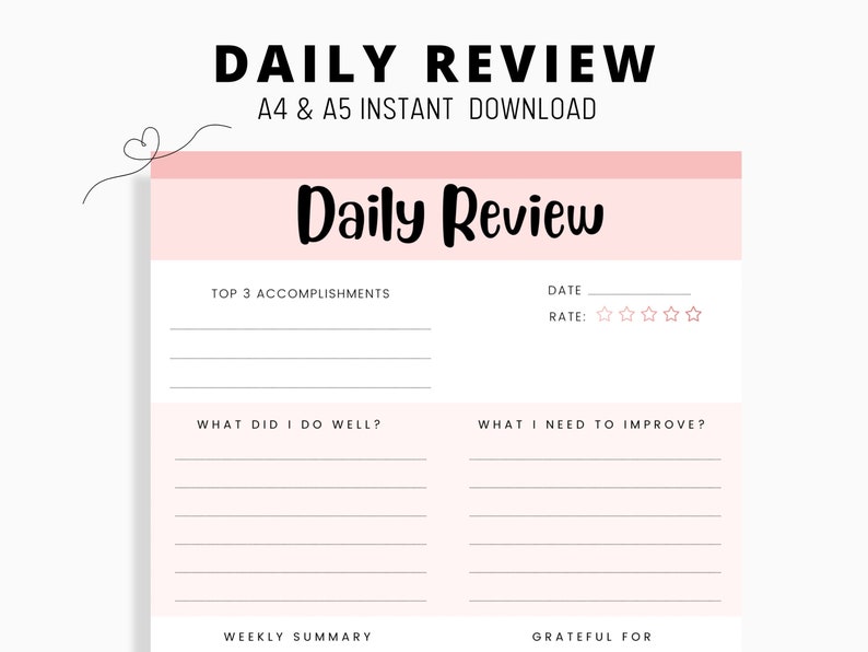 Daily Review Template, Daily Reflection Worksheet, Daily Summary ...