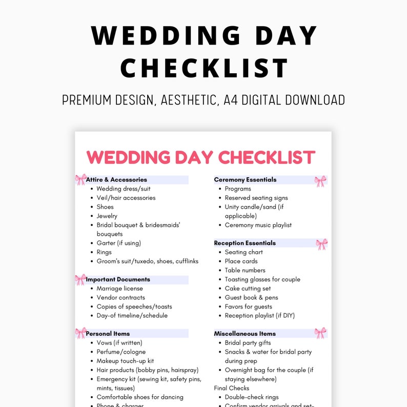Wedding Checklist Template, Wedding Day Essentials, Dream Wedding ...