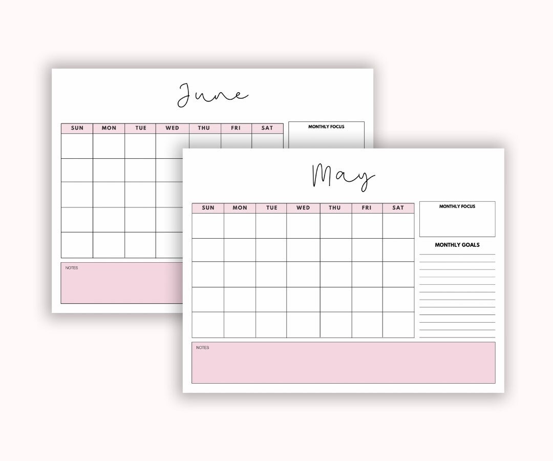 Monthly Calendar , Pink Monthly Calendar, Monthly Planner Printable ...