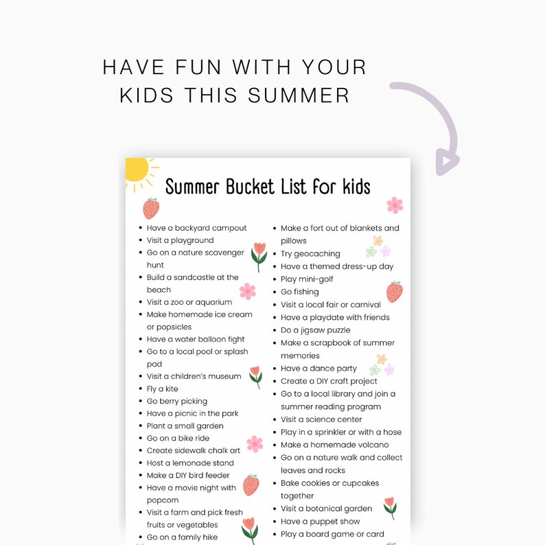 Summer Bucket List for Kids, Summer Poster, Summer Checklist, Fun ...