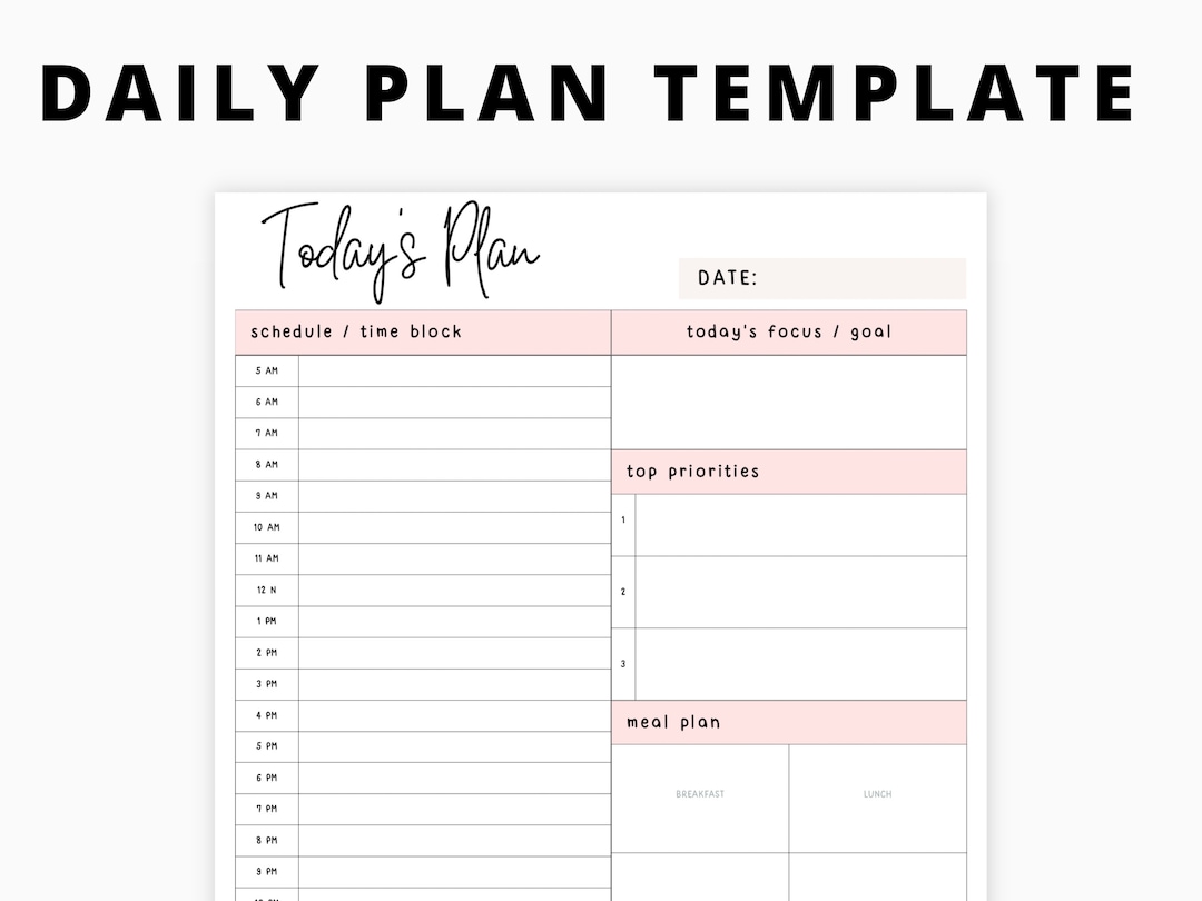 Printable Todays Plan Template, Day to Day Planner, Time Blocking ...