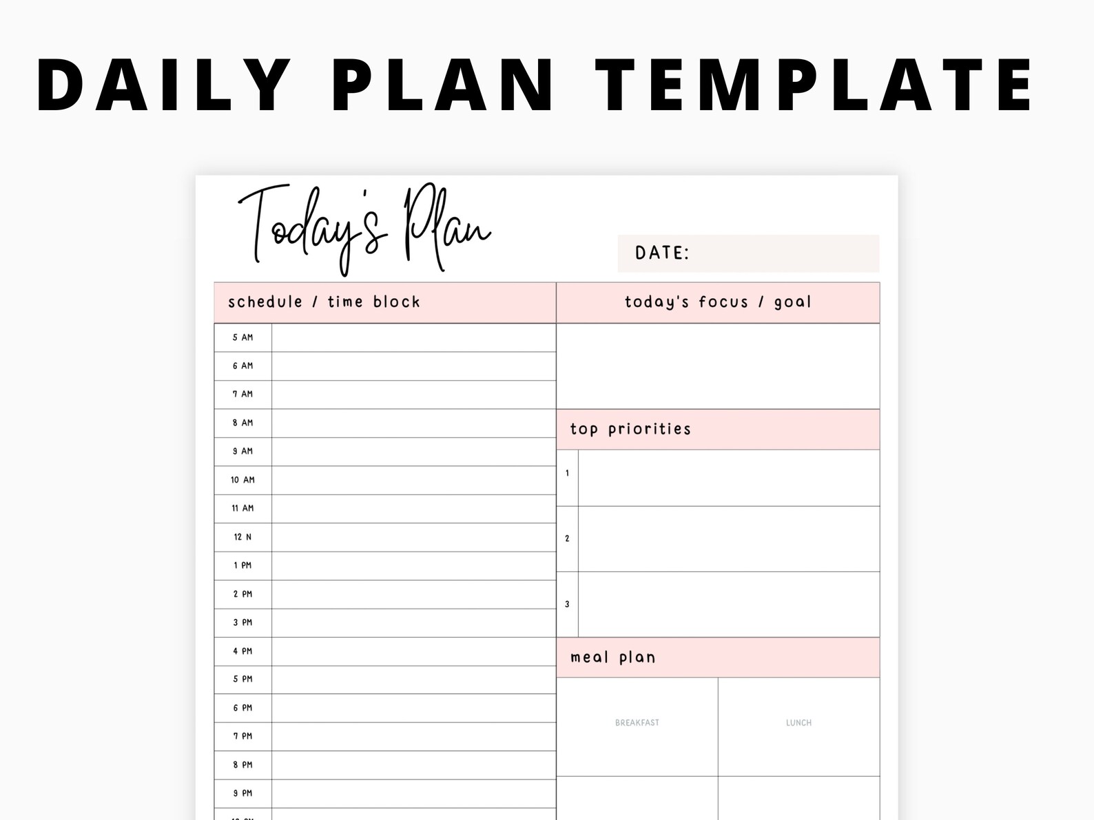 Printable Todays Plan Template Day to Day Planner Time - Etsy