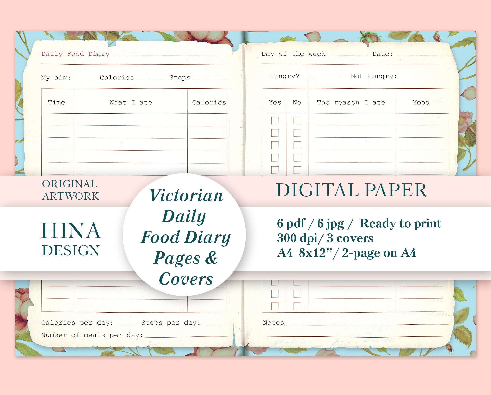 Diario diario diario diario de alimentos registro / páginas y | Etsy