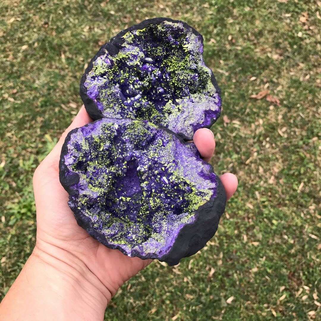 1) EXTRA LARGE Black Geode Crystal Dyed With Purple and Green Center ...