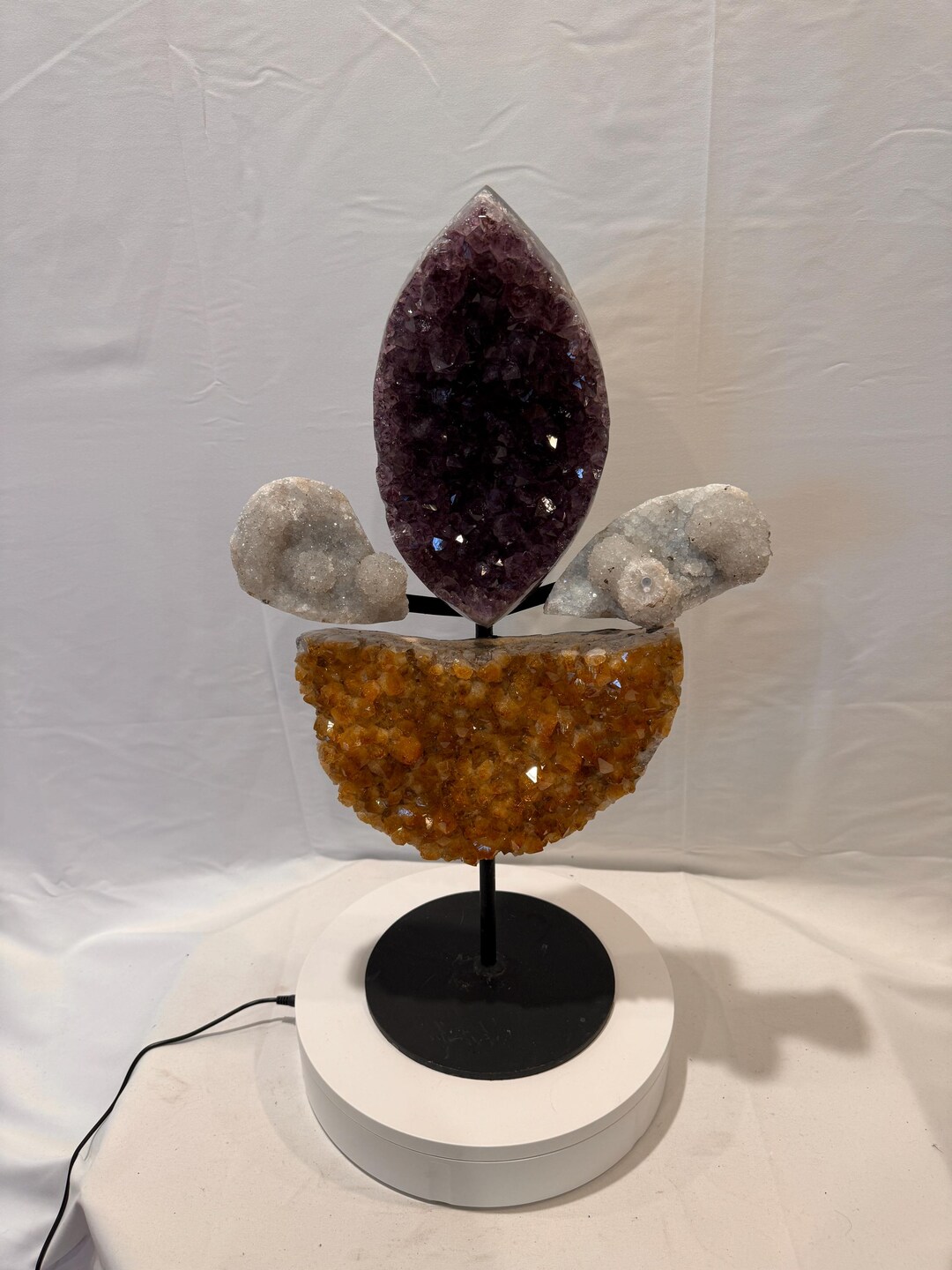 Flash Sale!!** RARE 24.6 Lb Amethyst, Citrine, and Gray Druze Crystal Cluster on Metal Stand ...