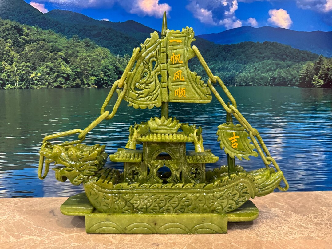 Flash Sale!!** LARGE Green Jade Hand-carved Boat Statue Sculpture ...