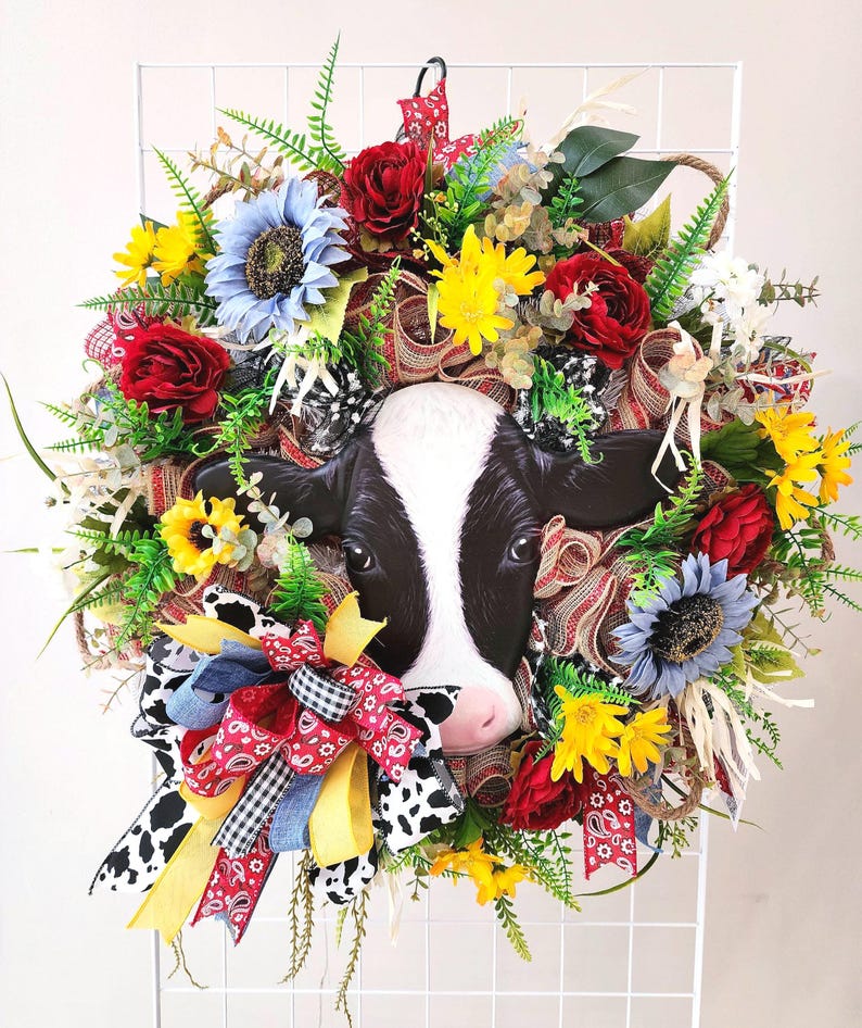 Country Cow Wreath, Black Cow, Calf Decor, Dairy Farm, Holstein, Dairy ...