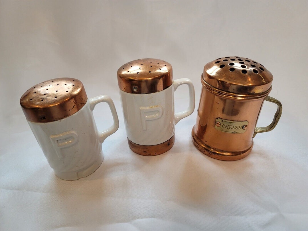 Vintage Copper Top and Base Ceramic 2 Pepper Shakers & 1 Full Copper ...