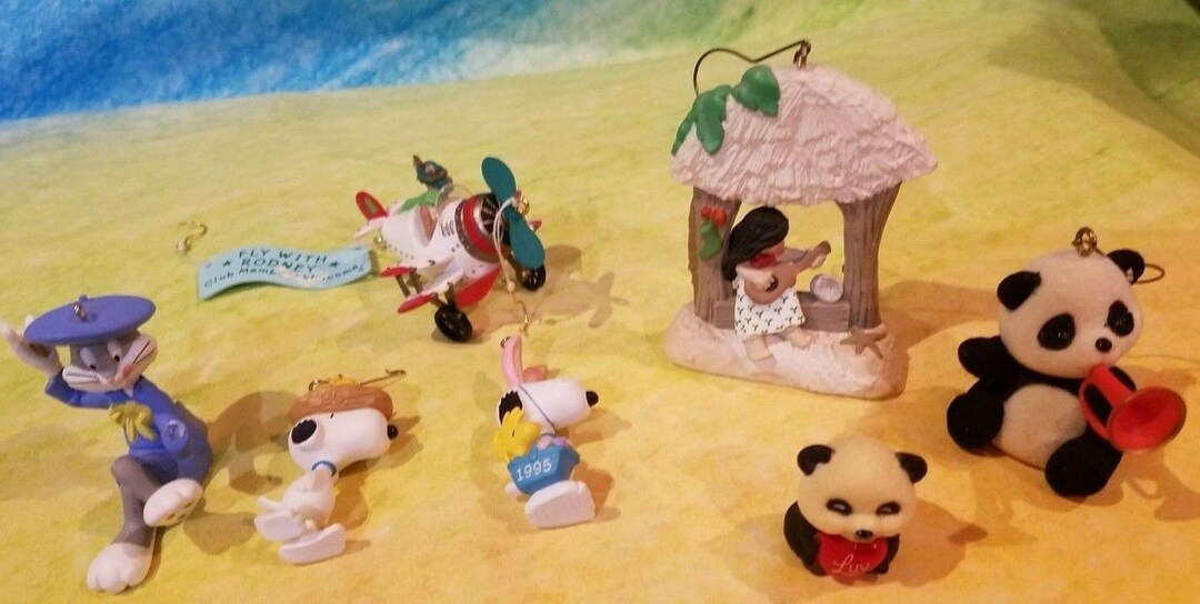 7 Bugs Bunny, Snoopy, Airplane, Panda's & Sun Hut Ornaments - Etsy