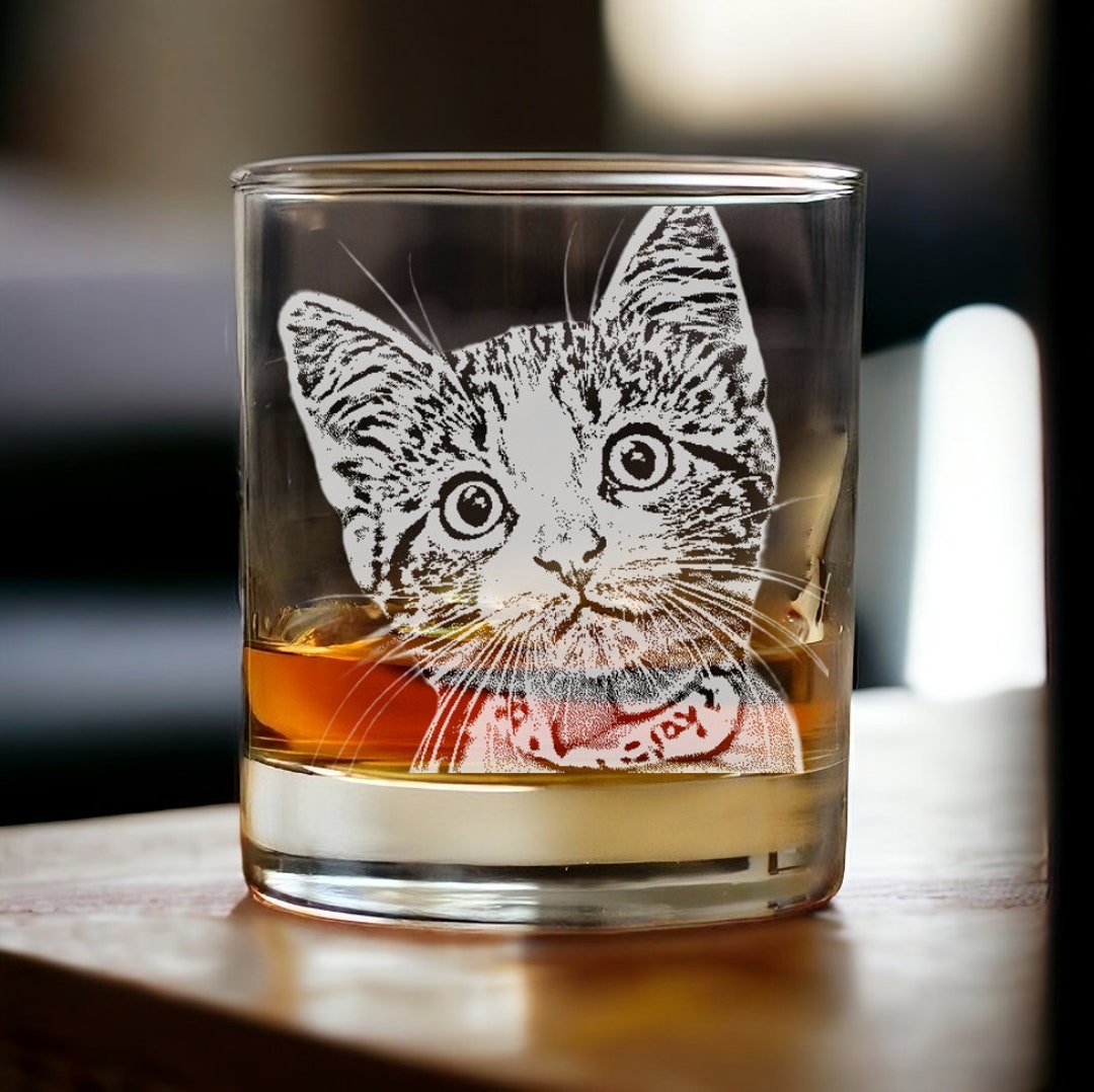 Etched Cat Photo Whiskey Glass – Personalized Feline Drinkware, Custom ...
