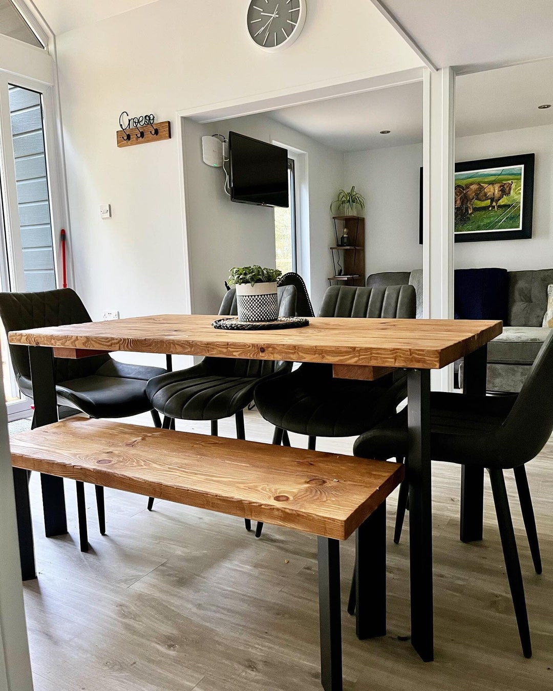 Single Pin Leg Dining Table & One Bench, Rustic, Industrial, Solid Wood ...