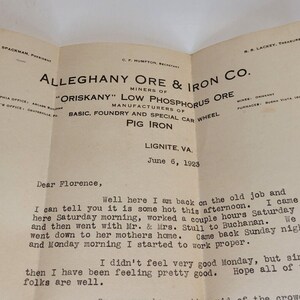 Lignite VA 1923 Vintage Alleghany Ore and Iron Co Original Personal ...