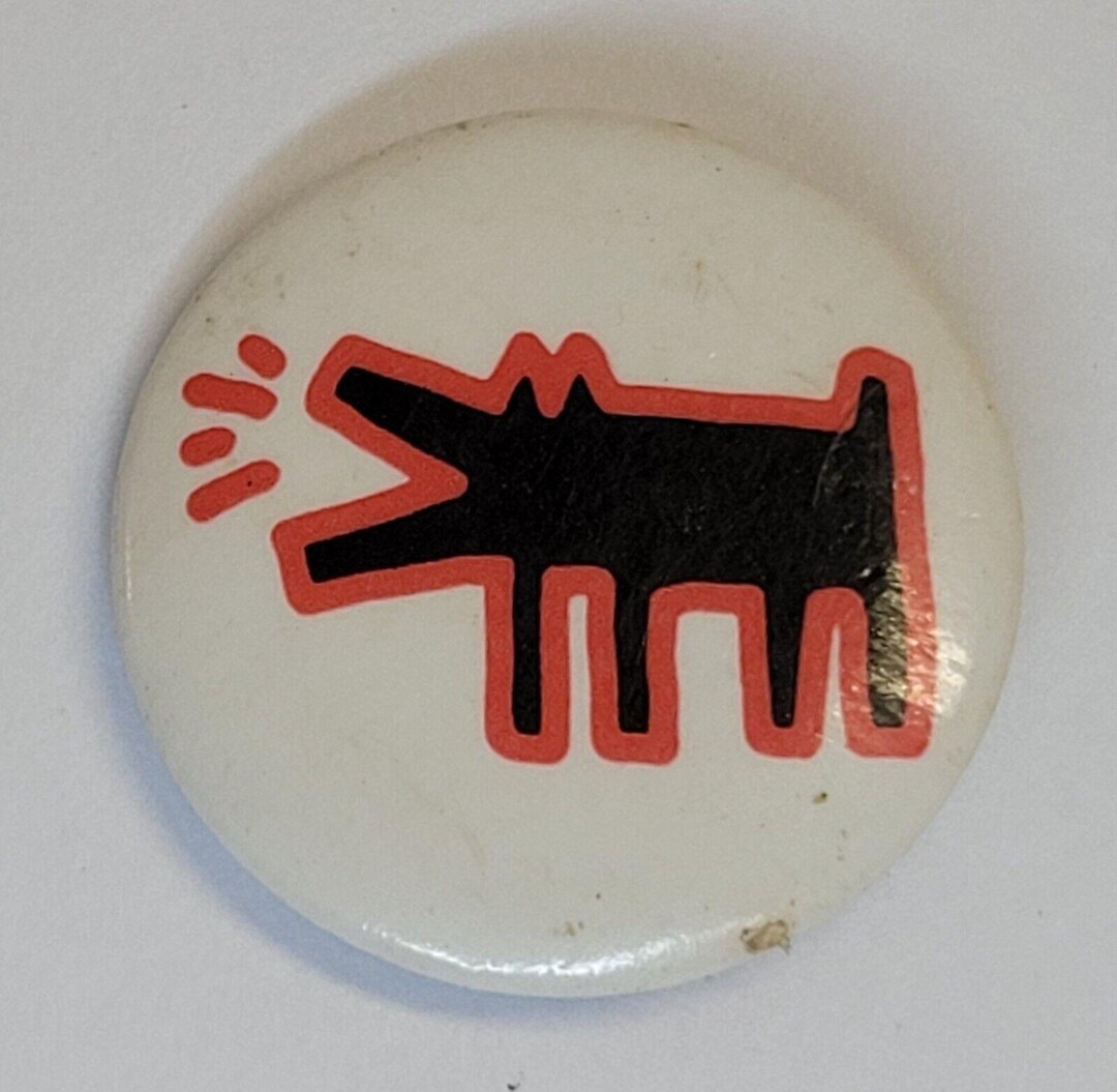Vintage KEITH HARING Pop Shop Pin Badge Button Black Red Dog on White ...
