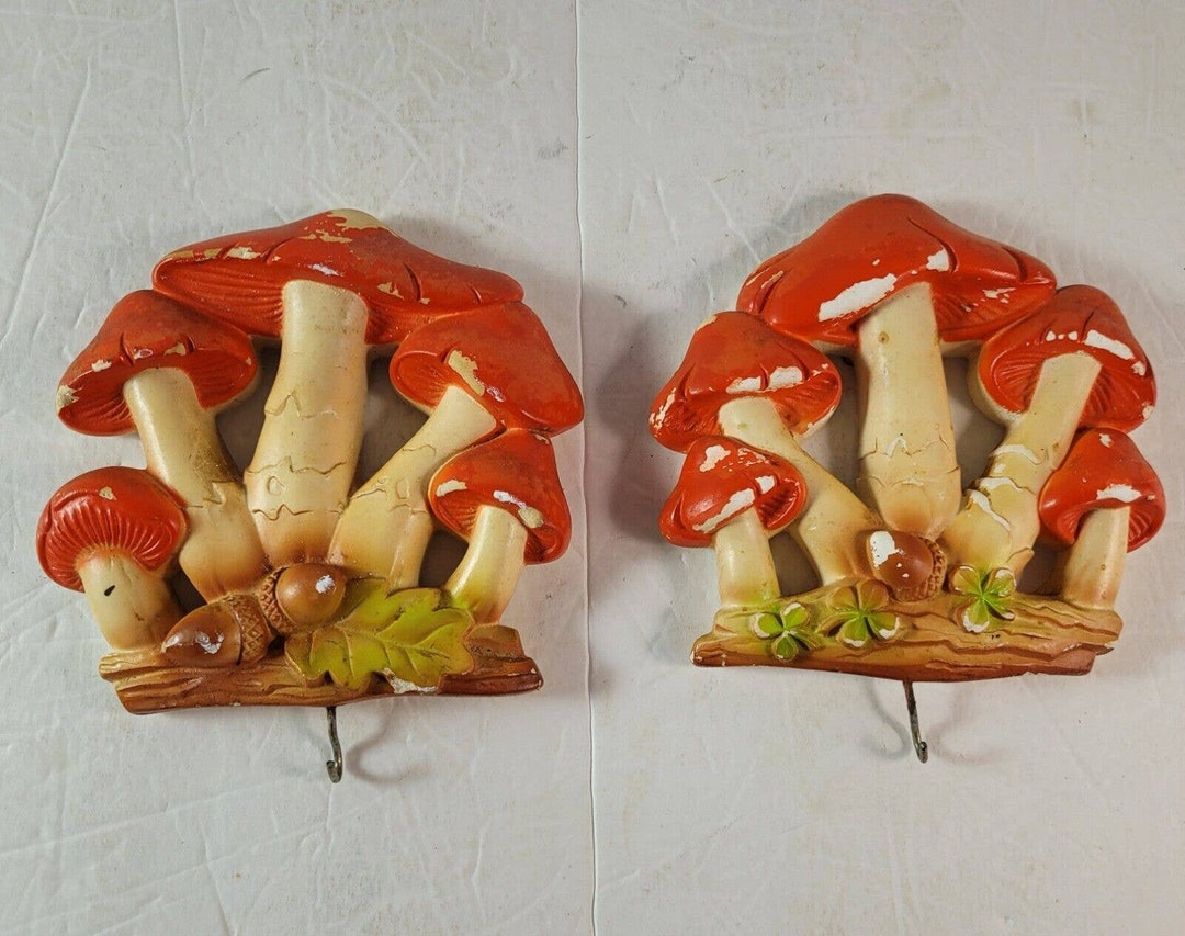 Vintage Miller Studios 1981 Mushrooms Chalkware Wall Hangers Decor Mid ...