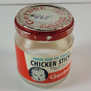 Vintage GERBER 1960s/70s Chicken Sticks Toddler Baby Food Jar W/ Lid ...