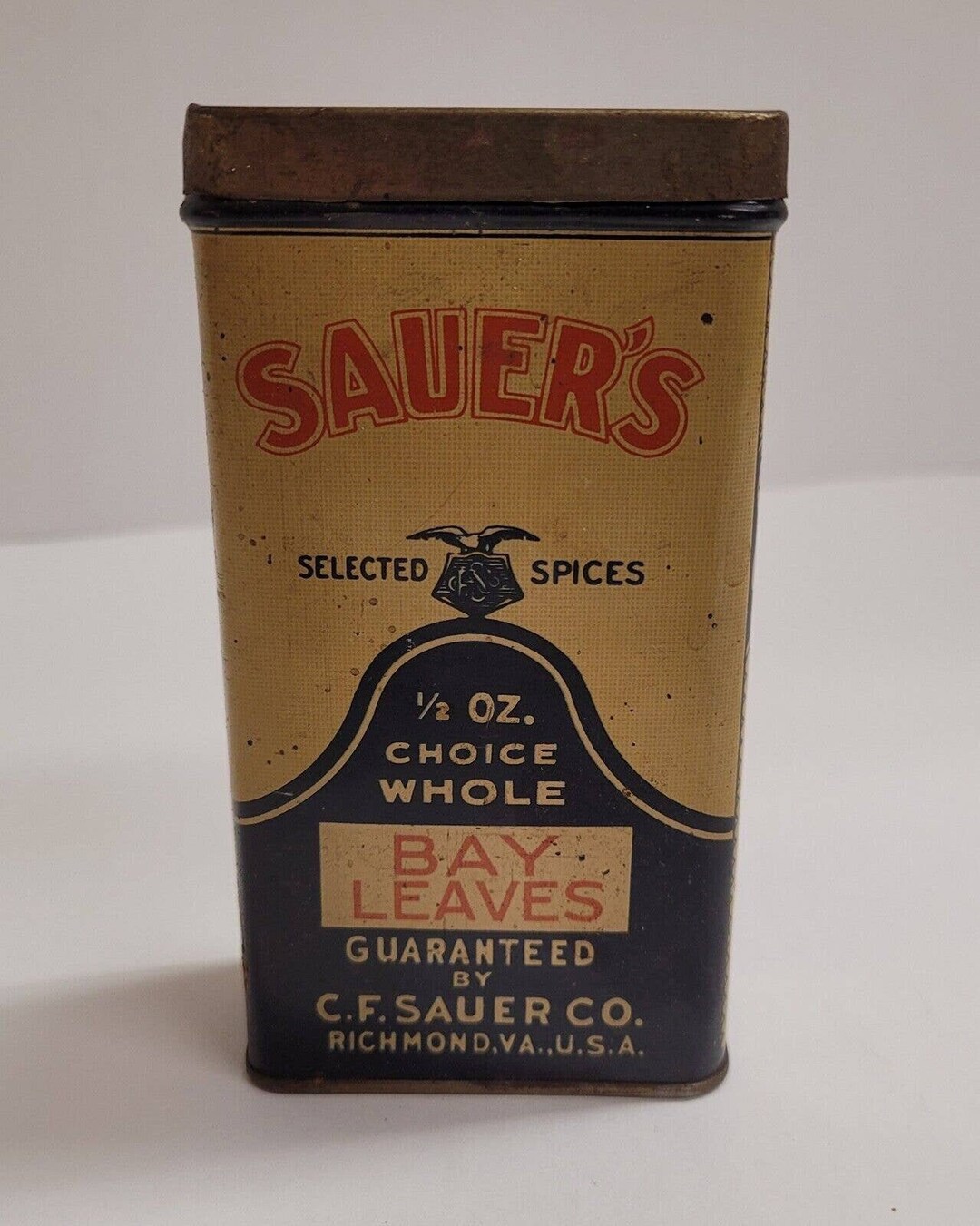 Vintage Sauers Spices Bay Leaves Advertising 4.75" Tin Richmond ...