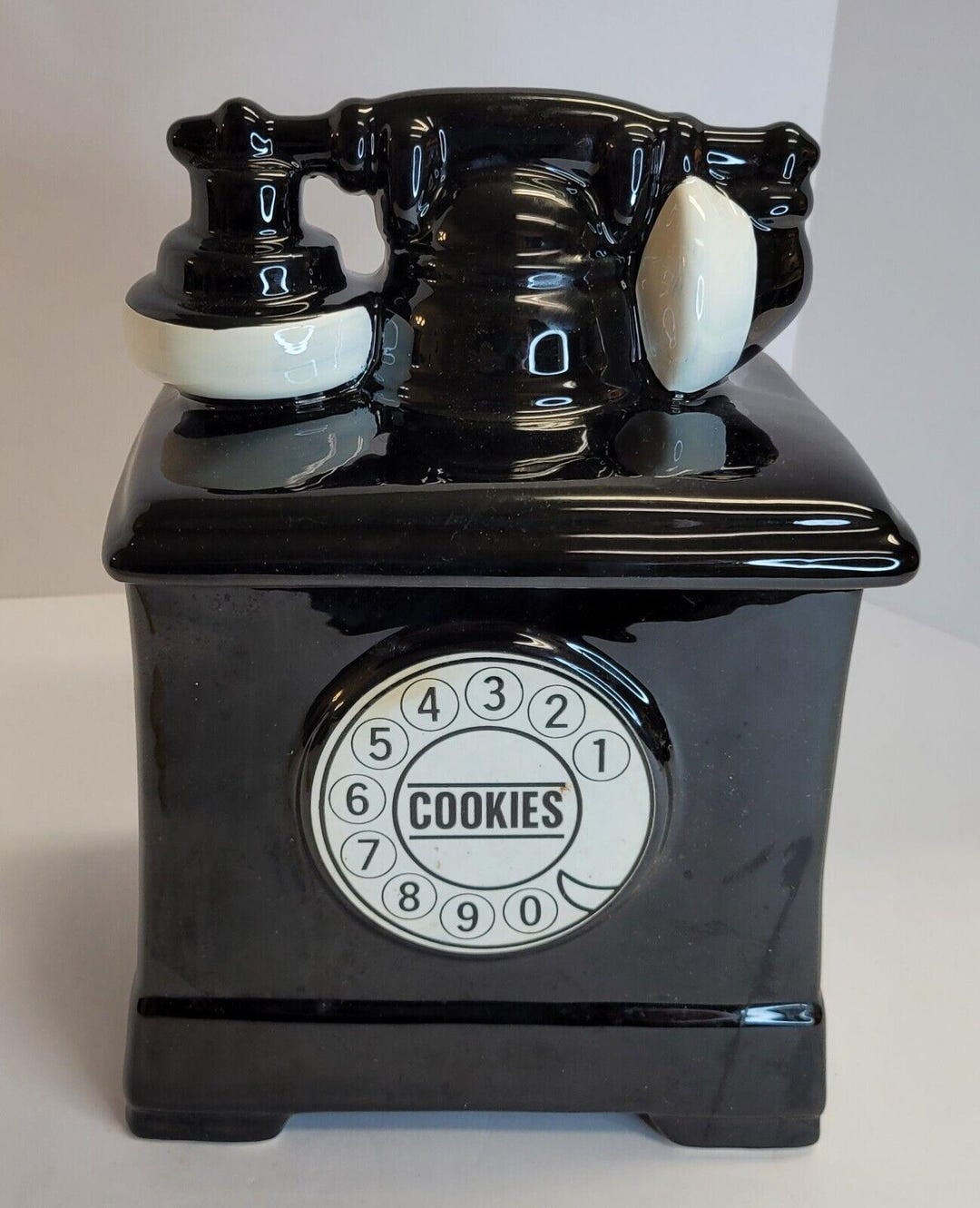 Vintage Black Ceramic Telephone Black Canister Cookie Jar RARE 9.5" X 7 ...