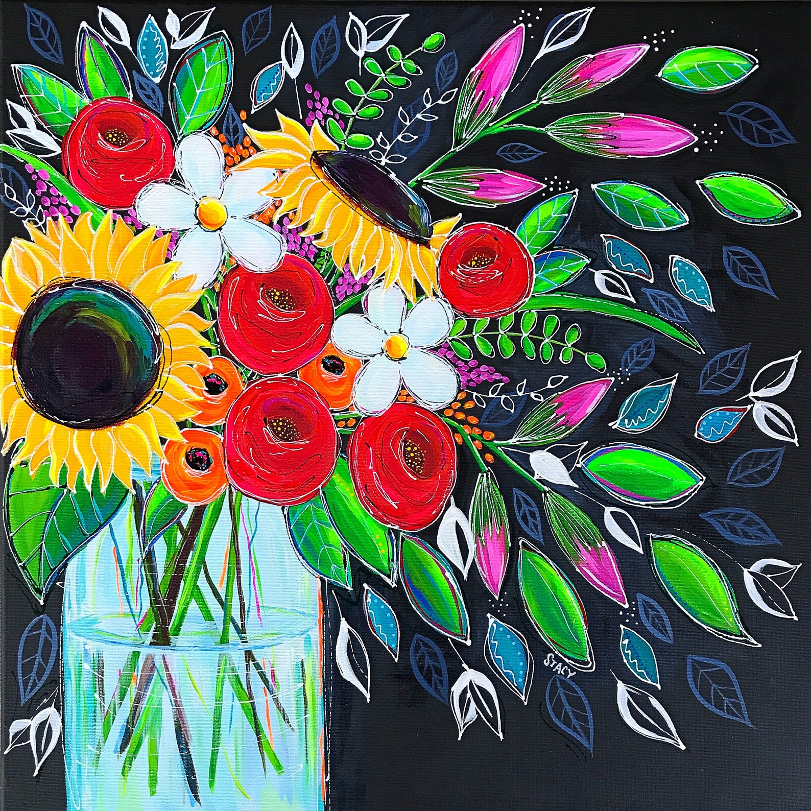 Whimsical Floral Painting Colorful Flower Art Bright | Etsy