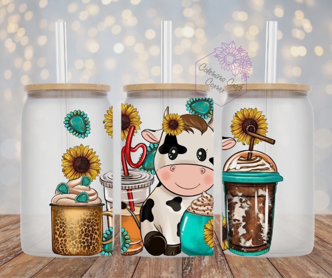16oz Cow Glass Can W/ Bamboo Lid & Straw - Etsy