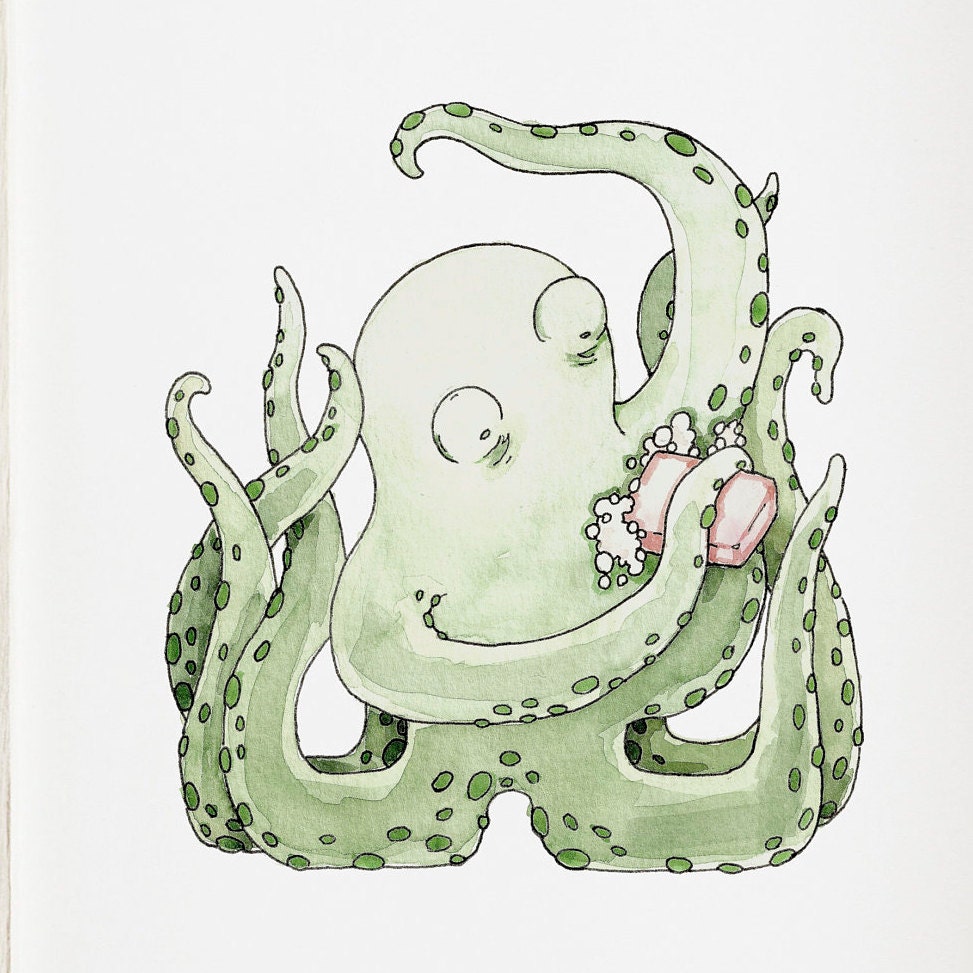 Octopus Bathing Art Print | Kids Bathroom Printable Art | Washing up ...