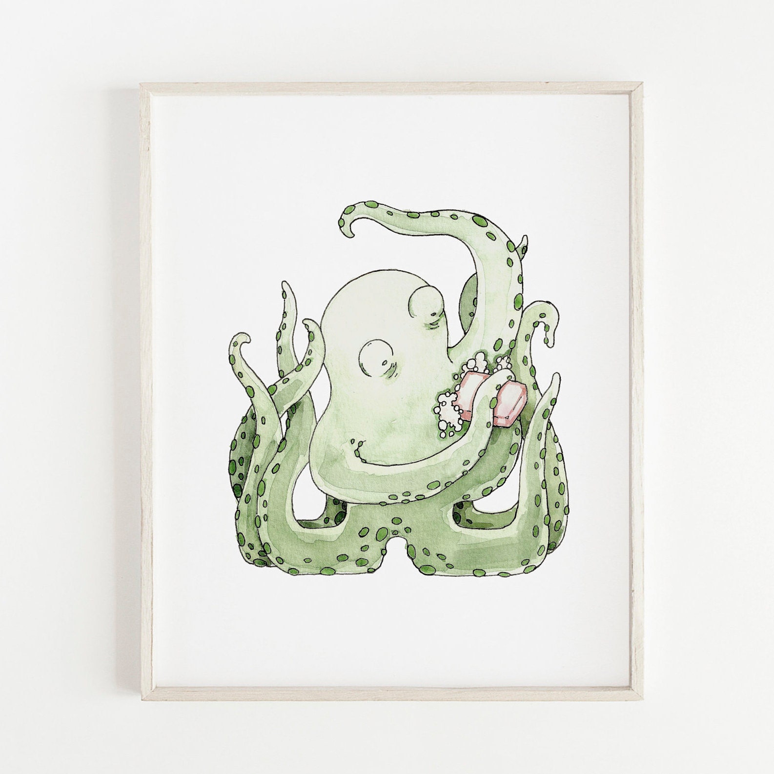 Octopus Bathing Art Print | Kids Bathroom Printable Art | Washing up ...