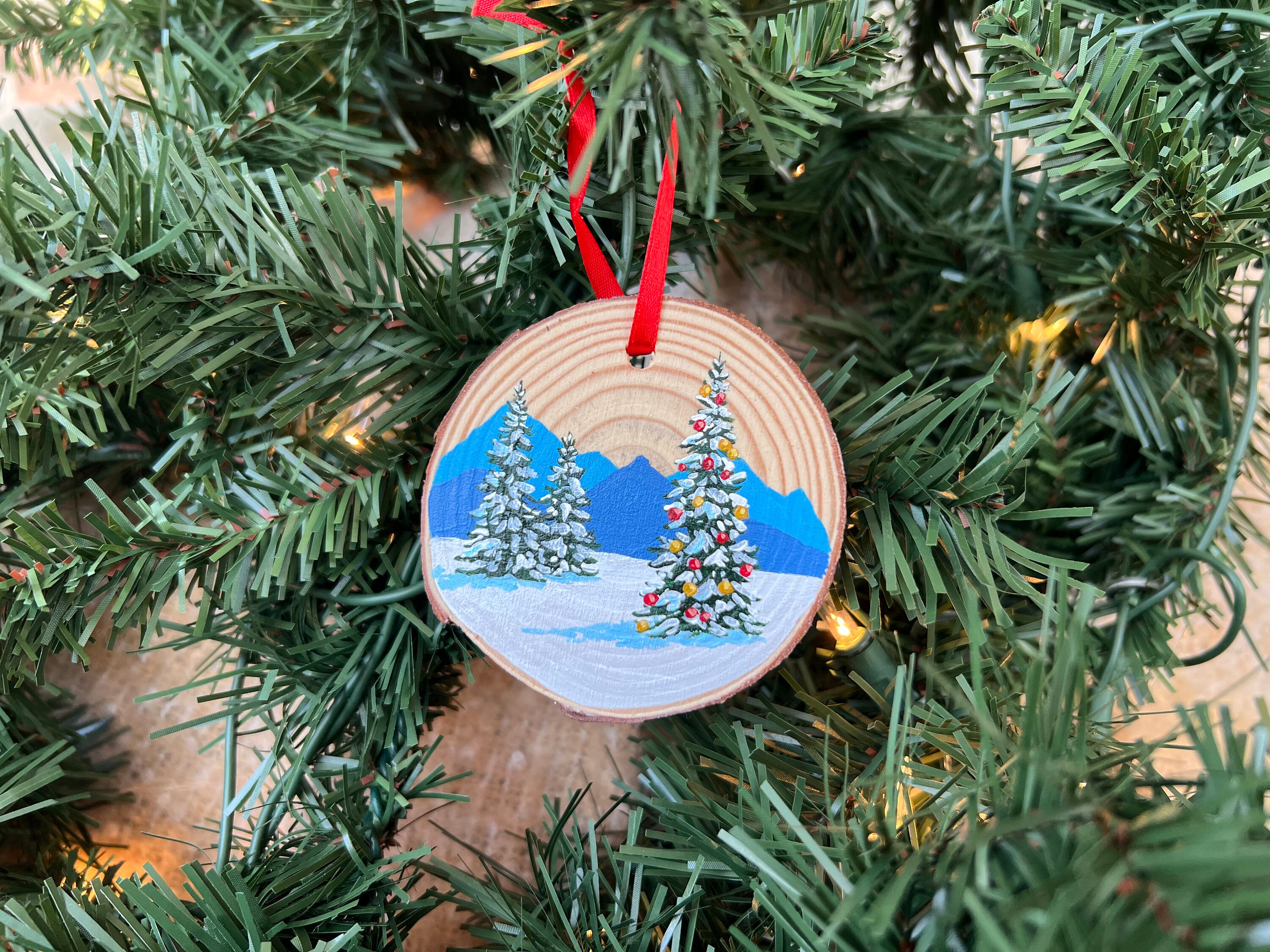 Snowy Christmas Tree Wood Slice Christmas Ornament - Etsy