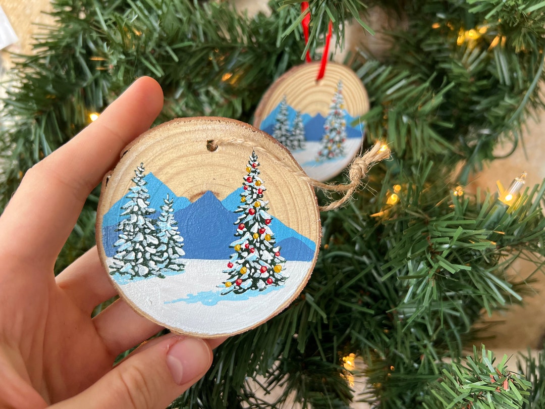 Snowy Christmas Tree | Wood Slice Christmas Ornament - Etsy