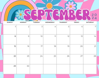 Printable August 2024 Calendar : Retro Back-to-school 70s Daisy Wall ...