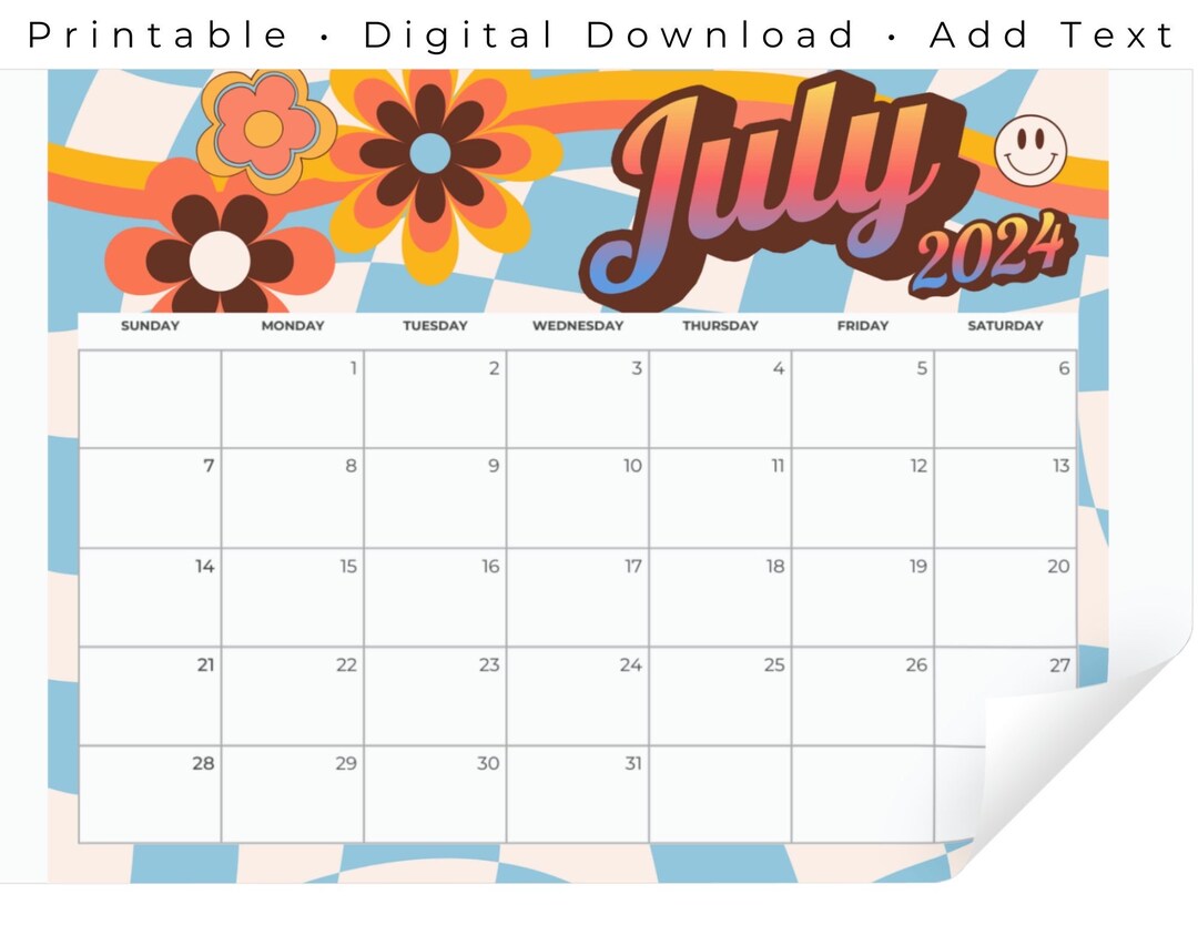 Retro July 2024 Calendar Vintage Daisy Floral Digital Planner Editable ...