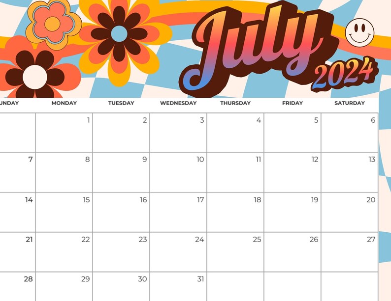 Retro July 2024 Calendar Vintage Daisy Floral Digital Planner Editable ...