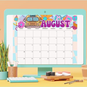Printable August 2024 Calendar : Retro Back-to-school 70s Daisy Wall ...