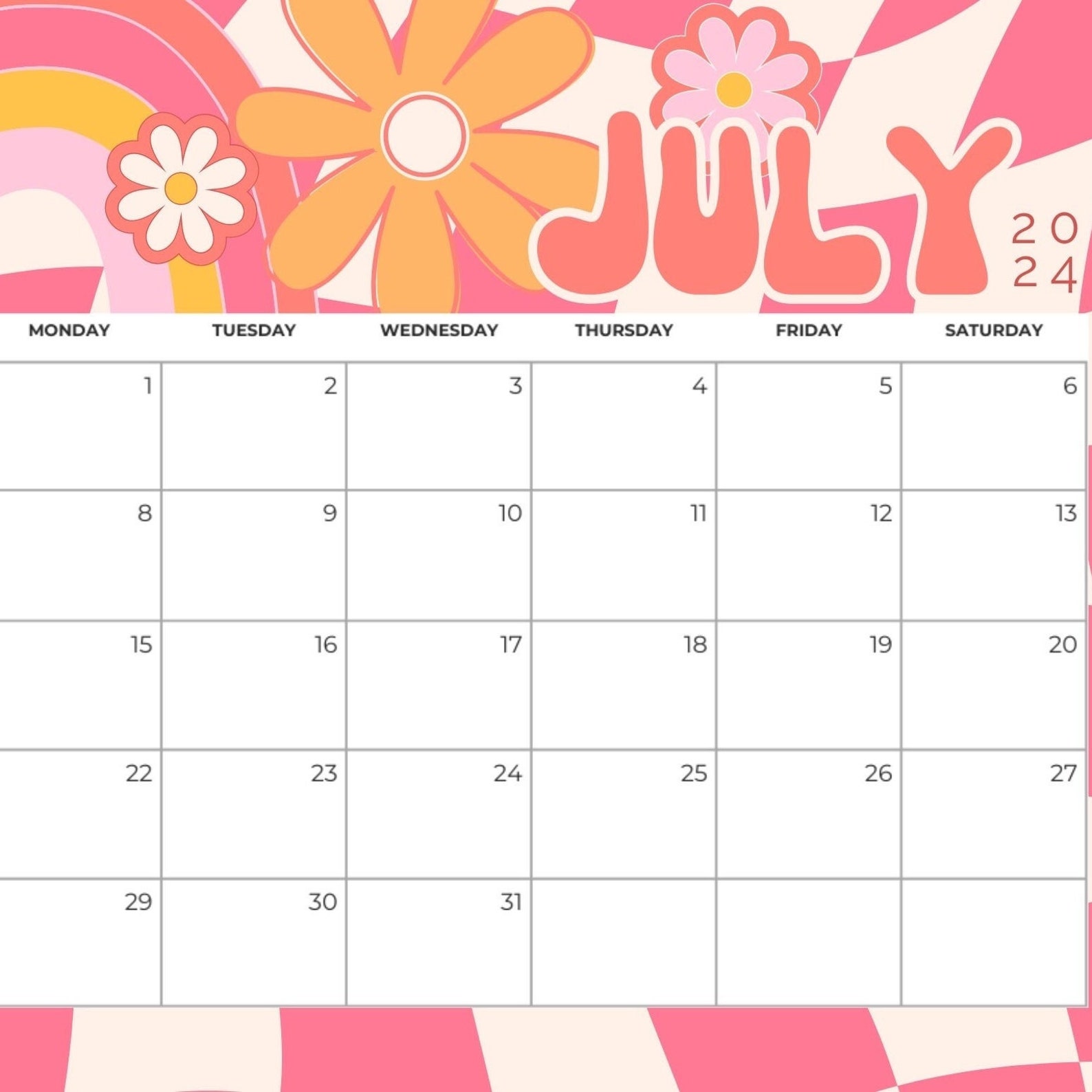 Retro Printable Calendar July 2024 Digital Planner Retro Aesthetic ...