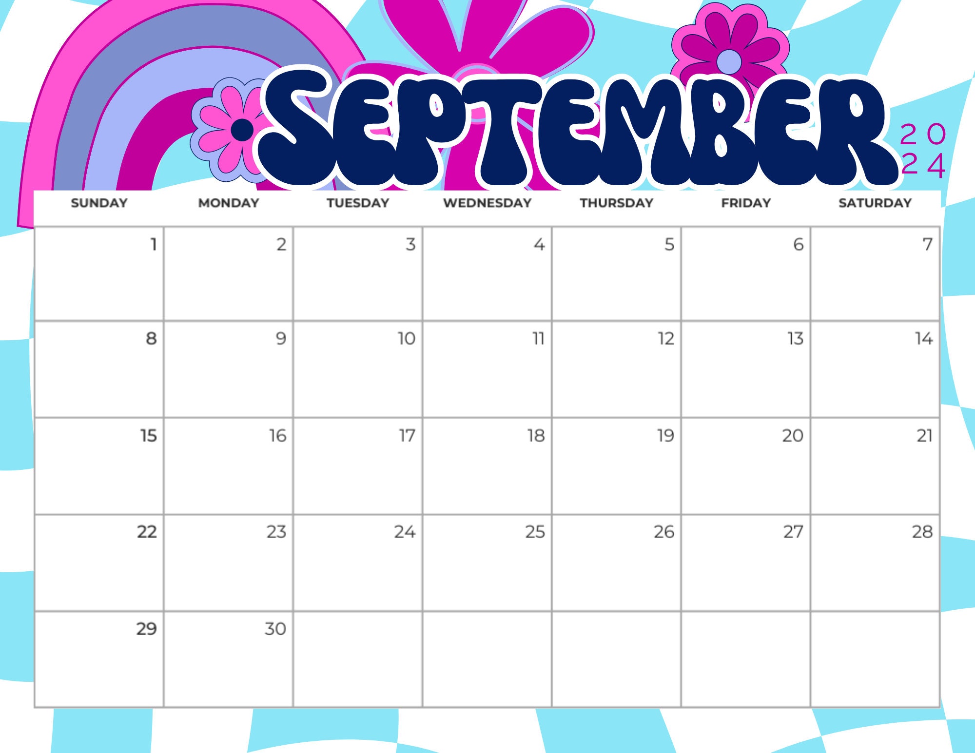 Printable September 2024 Calendar : Retro 70s Daisy Hippie Aesthetic ...