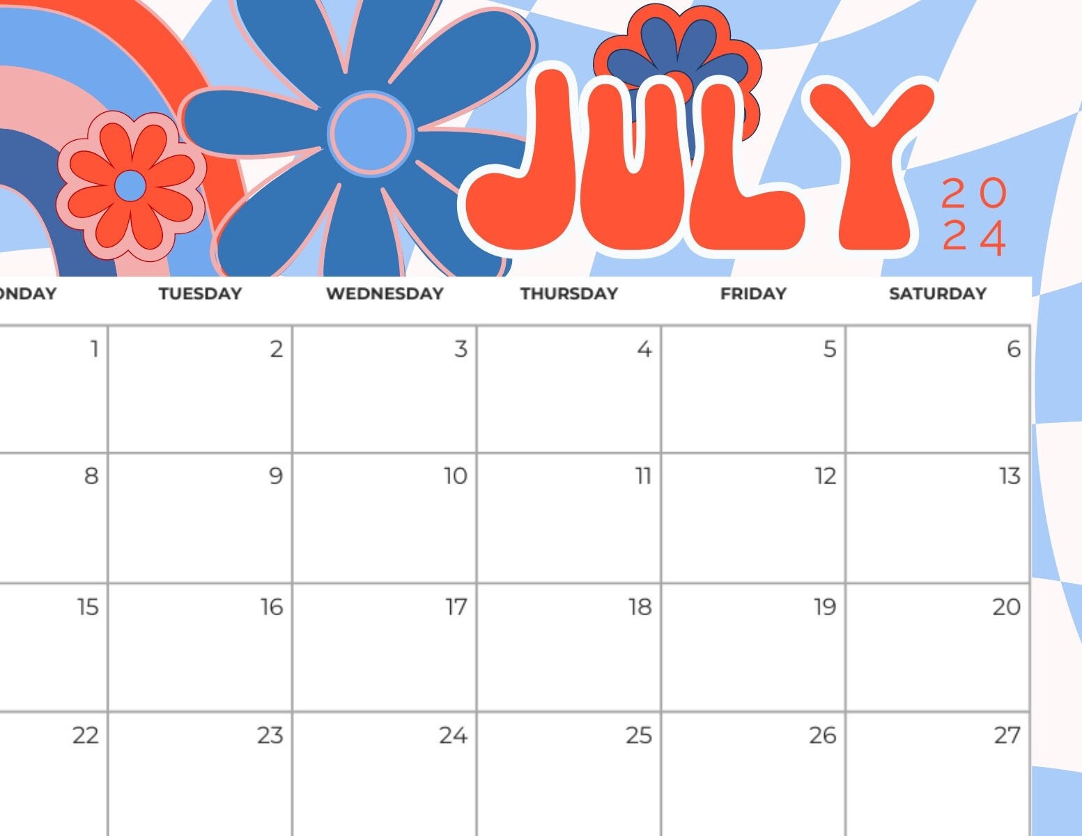Retro Printable Calendar July 2024 Digital Planner Retro Aesthetic ...