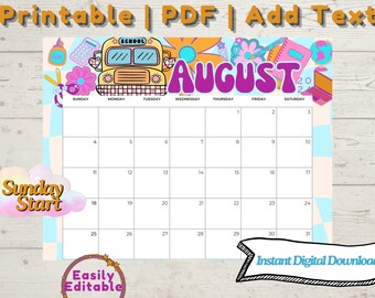 Printable August 2024 Calendar : Retro Back-to-school 70s Daisy Wall ...