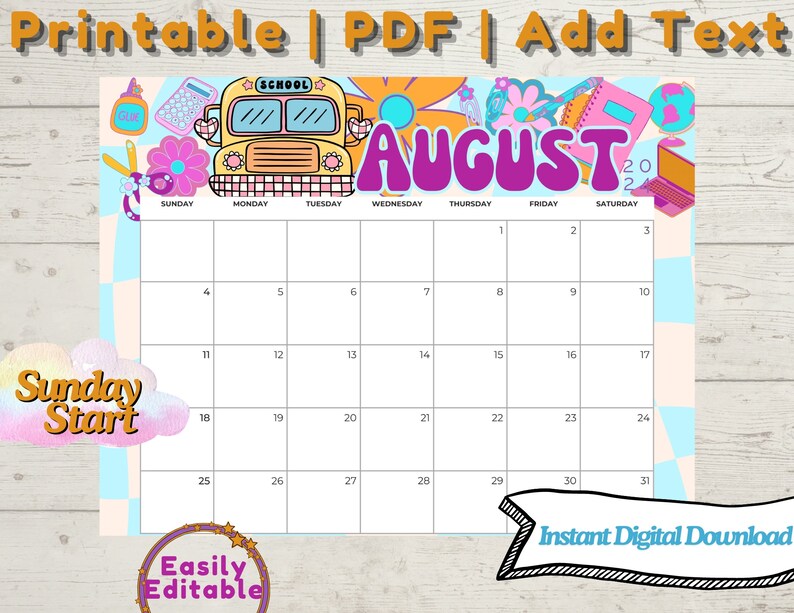 Printable August 2024 Calendar : Retro Back-to-school 70s Daisy Wall ...