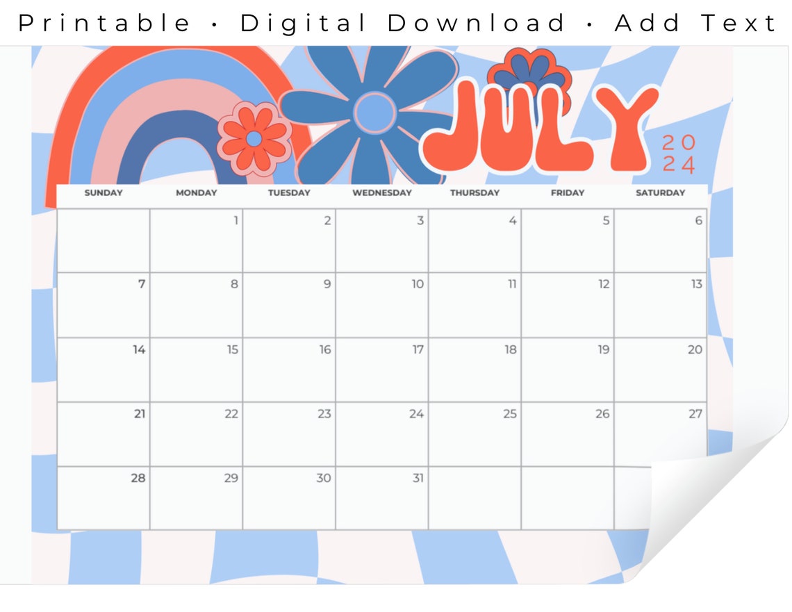 Retro Printable Calendar July 2024 Digital Planner Retro Aesthetic ...