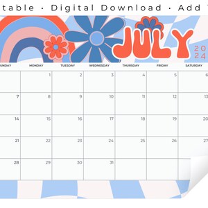 Retro Printable Calendar July 2024 Digital Planner Retro Aesthetic ...