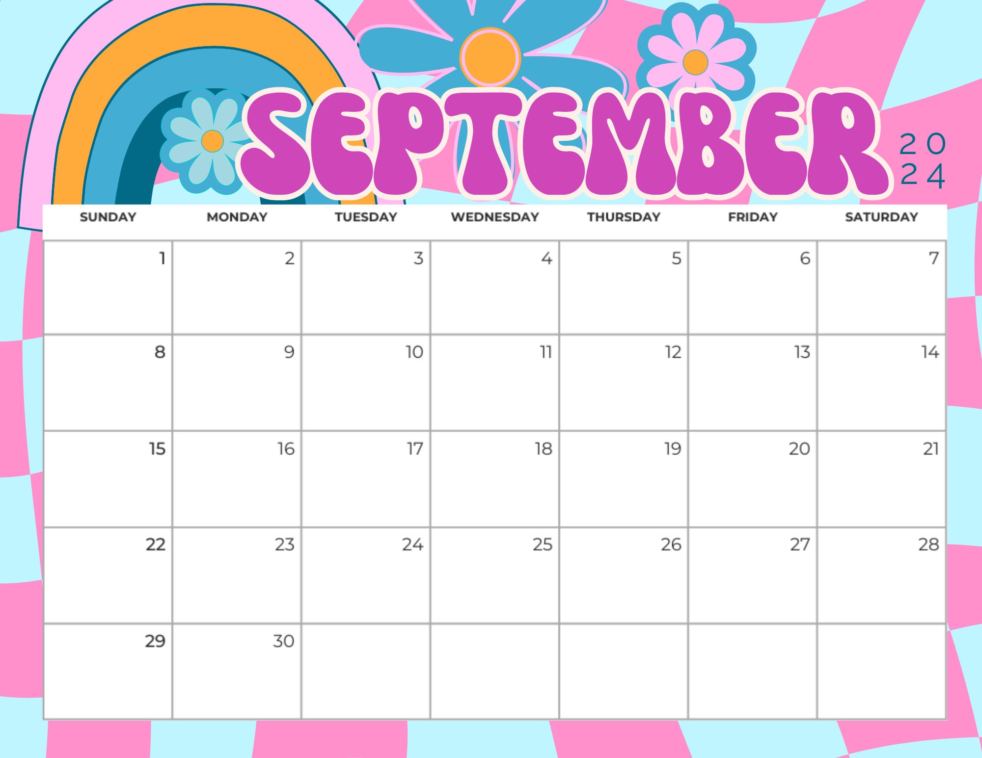 Printable September 2024 Calendar : Retro 70s Daisy - Etsy Canada