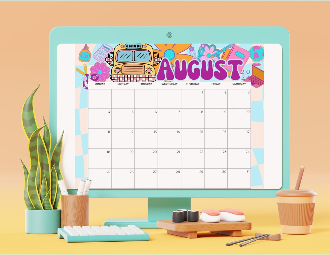 Printable August 2024 Calendar : Retro Back-to-school 70s Daisy Wall ...