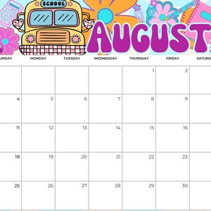 Printable August 2024 Calendar : Retro Back-to-school 70s Daisy Wall ...