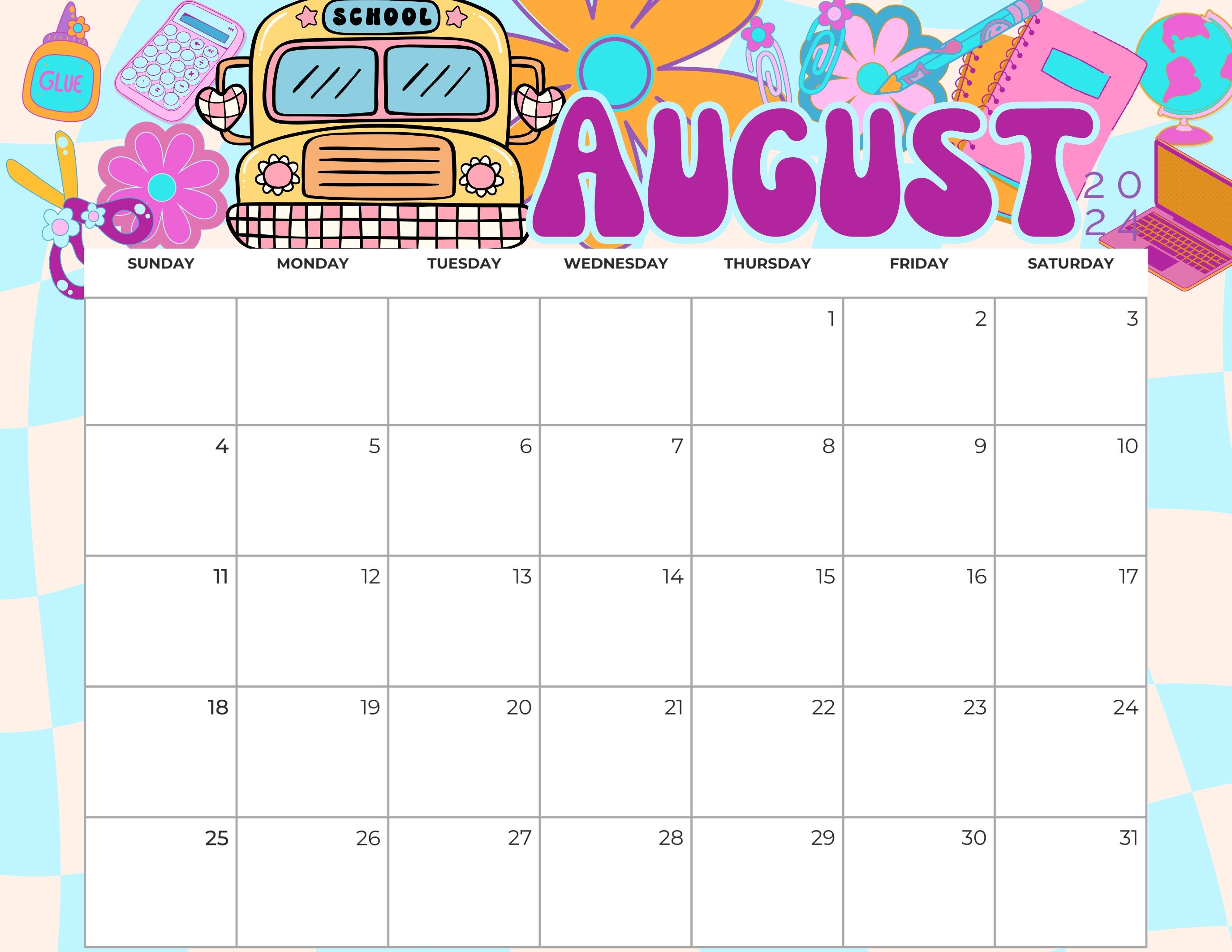 Printable August 2024 Calendar : Retro Back-to-school 70s Daisy Wall ...