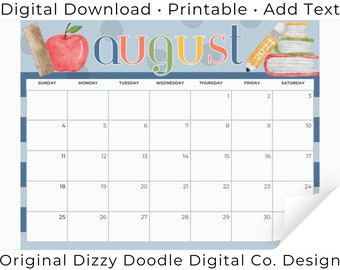 August 2024 Back to School Calendar, Printable Back to School Themed ...