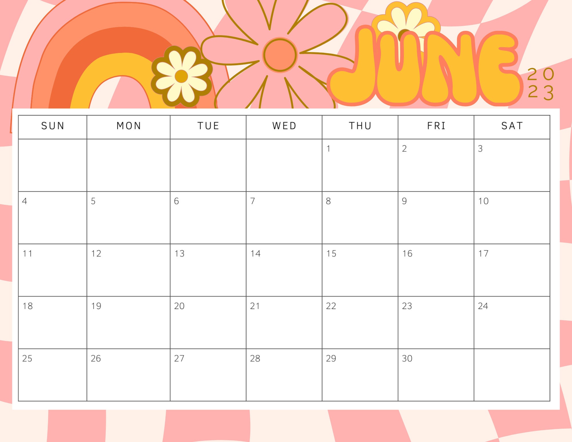Printable June 2023 Calendar : Retro Summer Colors 70s Daisy Planner - Etsy