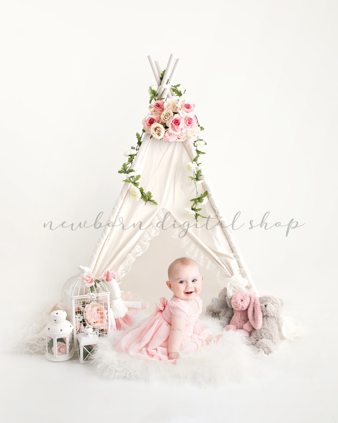Teepee Digital Prop, Newborn & Baby Backdrop With Florals, Birthday ...