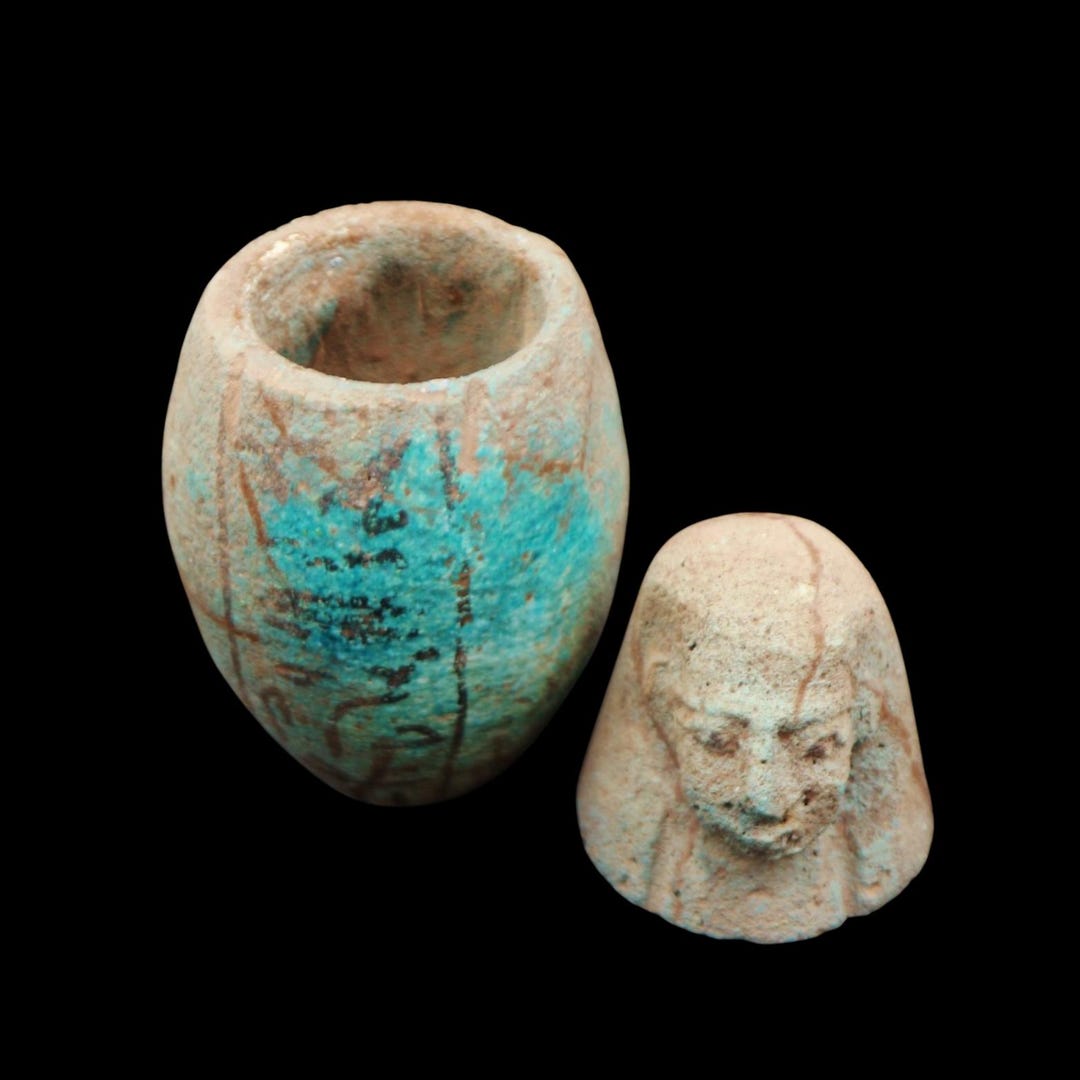 Antique Egyptian Ancient Human Imsety Head Faience Canopic Jar, Organs ...