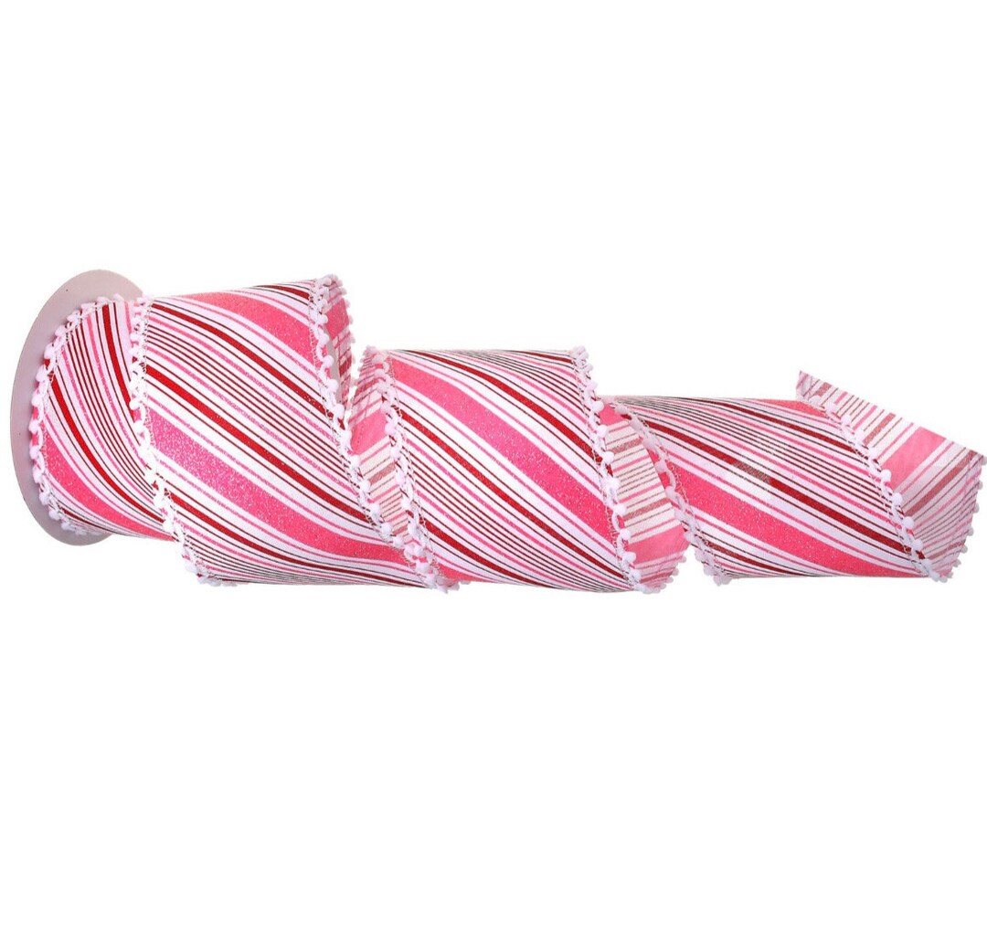Luxurious 4 Inch Pink Glitter Ribbon White Trim Luxury Wired Ribbon ...
