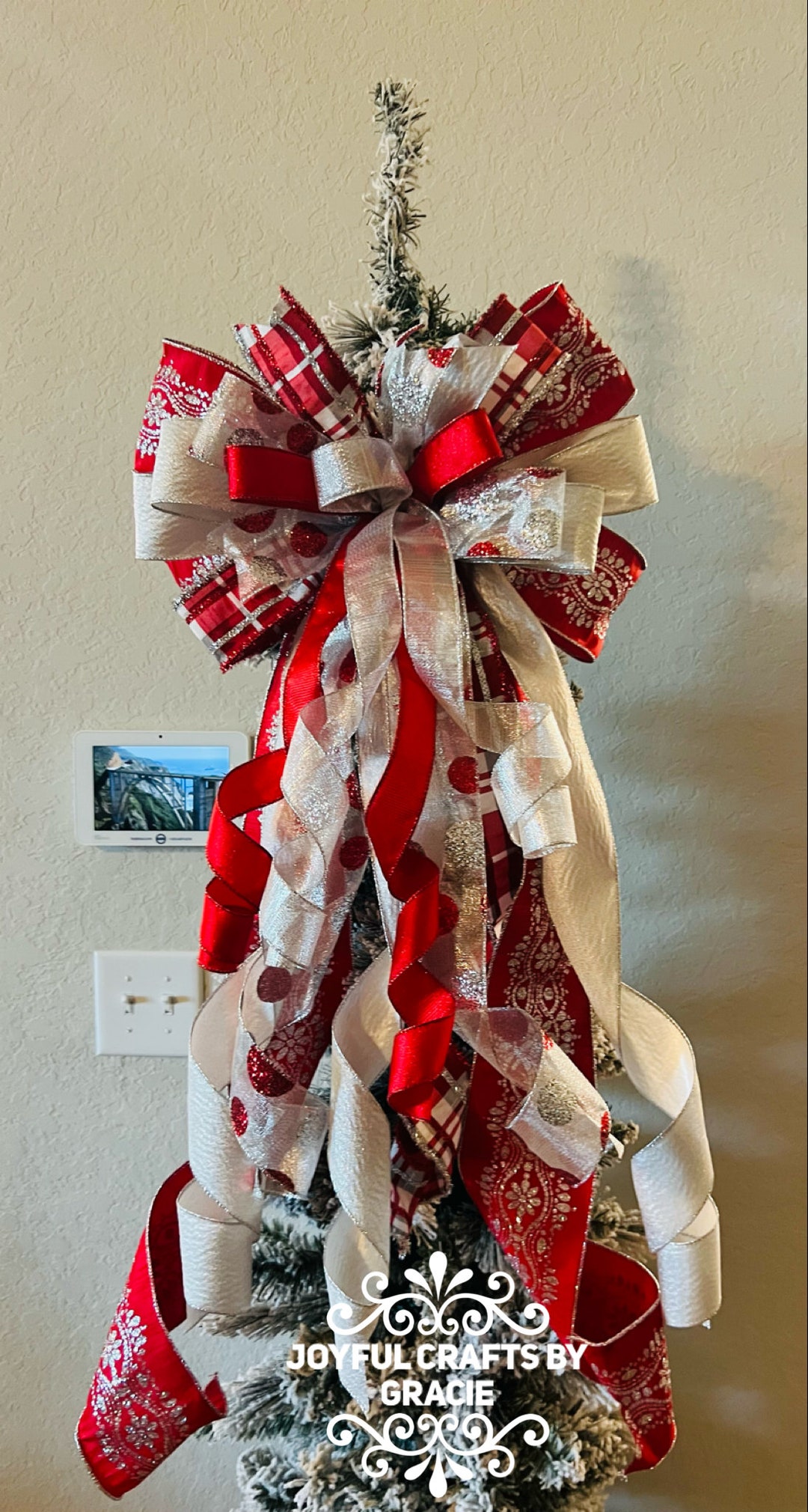 Red and Silver Tree Topper, Christmas Tree Bow, Christmas Tree Topper ...