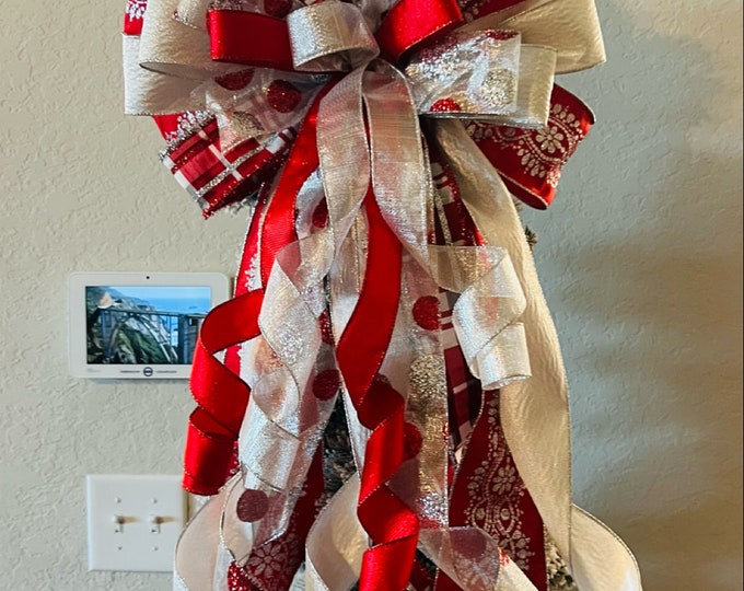 Red and Silver Tree Topper, Christmas Tree Bow, Christmas Tree Topper ...