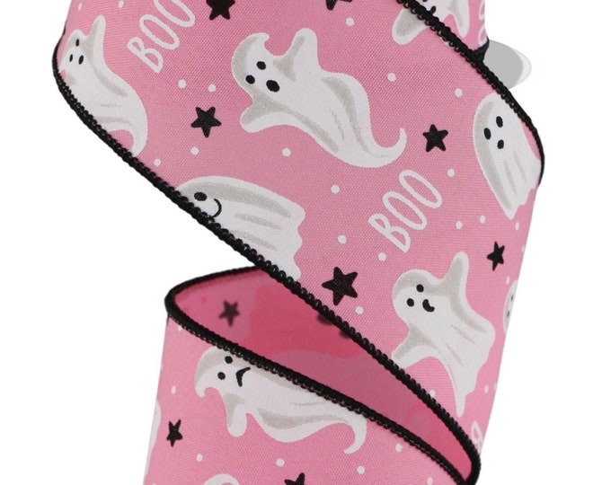 2.5 X 10yd Ghosts/boo Lite Pink/white/black, Halloween Ribbon, Halloween Ghost Ribbon, Ghost ...